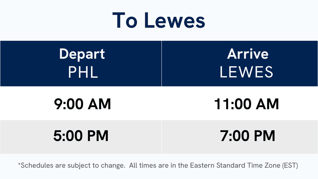 Shuttle Schedule: Lewes, DE to/from PHL Airport